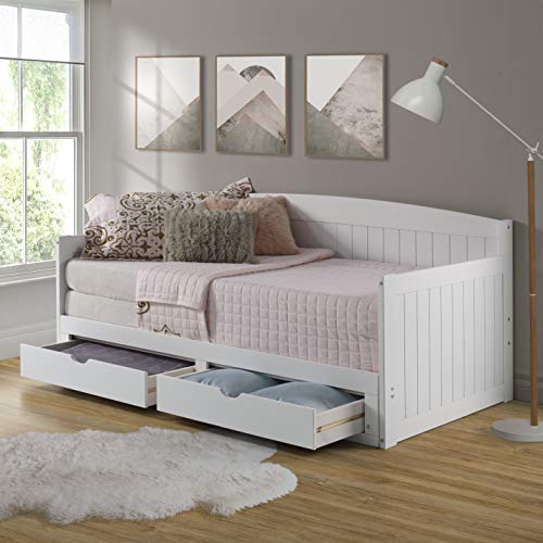 Alaterre Furniture Harmony Wood Daybed, Single, White Brazilian Pine Trundle Bed for Sleepovers with Kids, 2 Pull-Out Drawers, 220lbs Weight Capacity, Twin-Size Bed, Modern, Sturdy, Durable