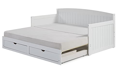 Alaterre Furniture Harmony Wood Daybed, Single, White Brazilian Pine Trundle Bed for Sleepovers with Kids, 2 Pull-Out Drawers, 220lbs Weight Capacity, Twin-Size Bed, Modern, Sturdy, Durable