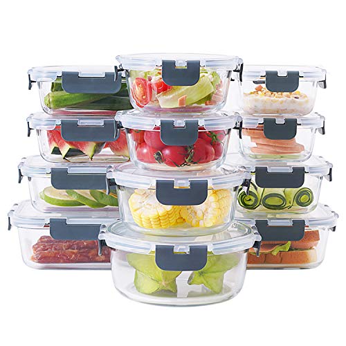 elabo 24-Piece Glass Food Storage Containers Set with Lids - Airtight Leak Proof Glass Meal Prep Containers, BPA Free Bento Lunch Boxes, Freezer/Oven/Dishwasher Safe(12 Lids & 12 Containers)