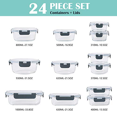 elabo 24-Piece Glass Food Storage Containers Set with Lids - Airtight Leak Proof Glass Meal Prep Containers, BPA Free Bento Lunch Boxes, Freezer/Oven/Dishwasher Safe(12 Lids & 12 Containers)