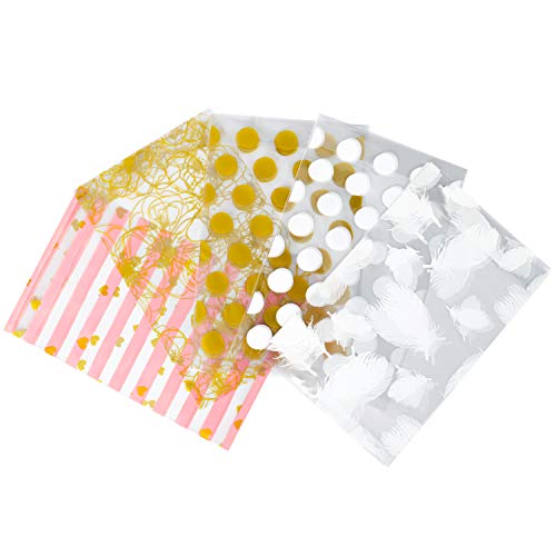 150 Pcs 5 in x 9 in Mixed 5 Printed Flat Cello Cellophane Treat Bags for Bakery Cookies Sweets Snacks Candies Dessert 30 Pcs for Each Color 200 Gold Twist Ties