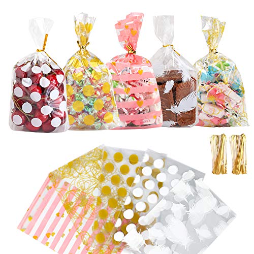 150 Pcs 5 in x 9 in Mixed 5 Printed Flat Cello Cellophane Treat Bags for Bakery Cookies Sweets Snacks Candies Dessert 30 Pcs for Each Color 200 Gold Twist Ties