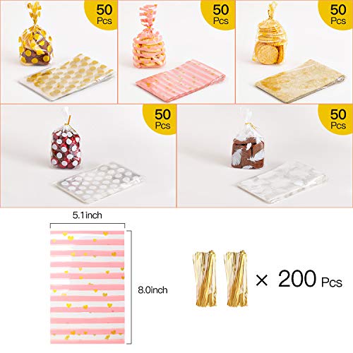 150 Pcs 5 in x 9 in Mixed 5 Printed Flat Cello Cellophane Treat Bags for Bakery Cookies Sweets Snacks Candies Dessert 30 Pcs for Each Color 200 Gold Twist Ties