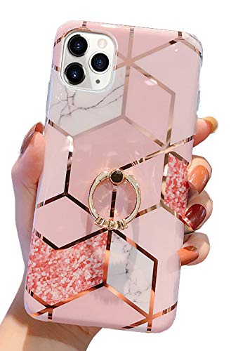 Qokey Compatible with iPhone 11 Pro Max Case,Marble Cute Fashion for Men Women Girls with 360 Degree Rotating Ring Kickstand Soft TPU Shockproof Cover Designed for iPhone 11 Pro Max 6.5" Grid Bling