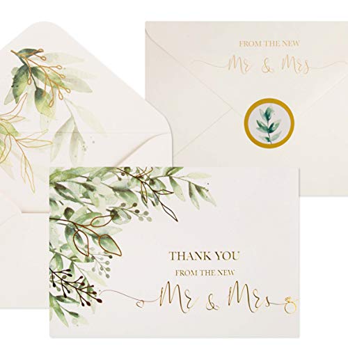 VNS Creations 100 Wedding Thank You Cards with Envelopes & Stickers | Bulk Mr and Mrs Thank You Notes Blank on the Inside | Greenery & Gold Foil Thank Yous From the New Mr & Mrs.