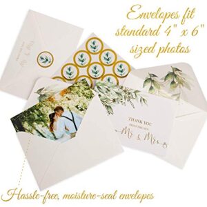 VNS Creations 100 Wedding Thank You Cards with Envelopes & Stickers | Bulk Mr and Mrs Thank You Notes Blank on the Inside | Greenery & Gold Foil Thank Yous From the New Mr & Mrs.