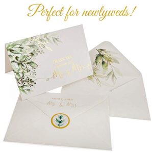 VNS Creations 100 Wedding Thank You Cards with Envelopes & Stickers | Bulk Mr and Mrs Thank You Notes Blank on the Inside | Greenery & Gold Foil Thank Yous From the New Mr & Mrs.