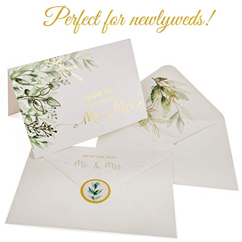 VNS Creations 100 Wedding Thank You Cards with Envelopes & Stickers | Bulk Mr and Mrs Thank You Notes Blank on the Inside | Greenery & Gold Foil Thank Yous From the New Mr & Mrs.