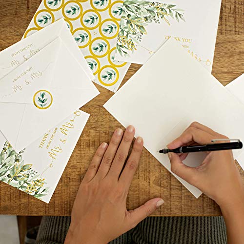 VNS Creations 100 Wedding Thank You Cards with Envelopes & Stickers | Bulk Mr and Mrs Thank You Notes Blank on the Inside | Greenery & Gold Foil Thank Yous From the New Mr & Mrs.