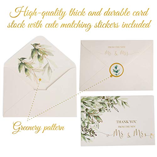 VNS Creations 100 Wedding Thank You Cards with Envelopes & Stickers | Bulk Mr and Mrs Thank You Notes Blank on the Inside | Greenery & Gold Foil Thank Yous From the New Mr & Mrs.