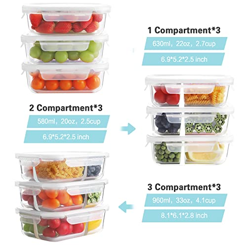 Bayco 9 Pack Glass Meal Prep Containers 3 & 2 & 1 Compartment, Glass Food Storage Containers with Lids, Airtight Glass Lunch Bento Boxes, BPA-Free & Leak Proof (9 lids & 9 Containers) - White