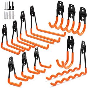 garage hooks heavy duty, 12 packs steel garage storage hooks, wall mount utility hooks with anti-slip coating, tool organizer for power tools, ladders, bikes, garden yard tool organizer for garage