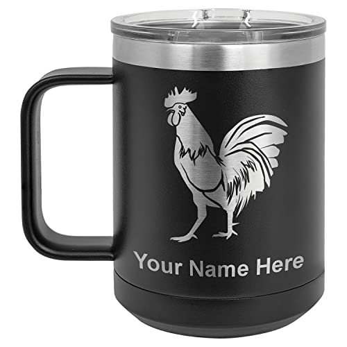 LaserGram 15oz Vacuum Insulated Coffee Mug, Rooster, Personalized Engraving Included (Black)