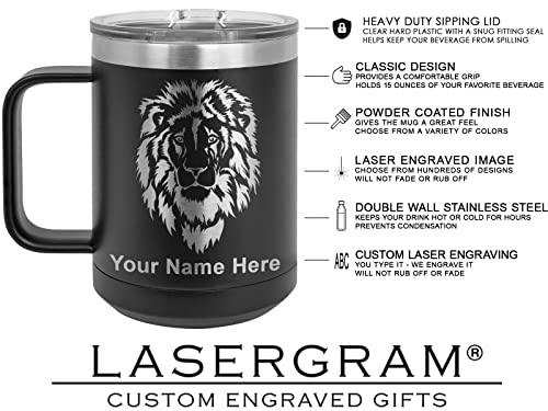 LaserGram 15oz Vacuum Insulated Coffee Mug, Rooster, Personalized Engraving Included (Black)