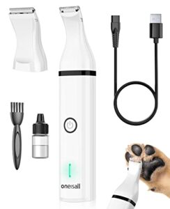 oneisall dog clippers with double blades,cordless small pet hair grooming trimmer,low noise for trimming dog's hair around paws, eyes, ears, face, rump (white)