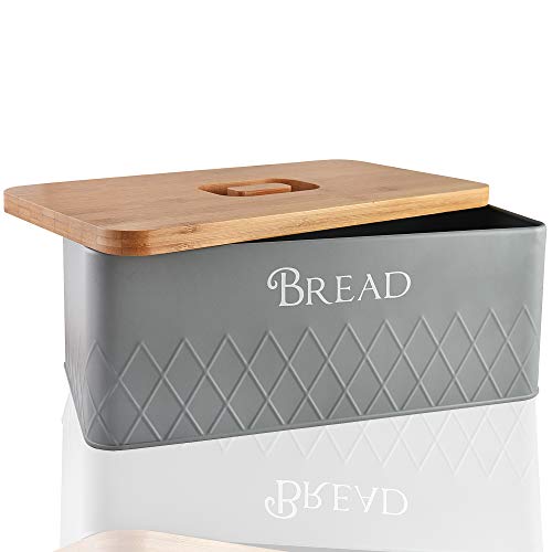 Baking & Beyond Bread Box with Bamboo Cutting Board Lid,13"x7.5"x5" Space-Saving Bread Box for Kitchen Countertop, Bread Storage Container Holder, Bread Keeper Bin - Fresh Loaves