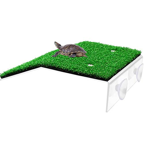 La La Pet® Creative Floating Tortoise Basking Platform with Artificial Grass & Ramp Turtle Resting Terrace Reptile Climbing Platform for Aquarium and Fish Tank Decor (L)