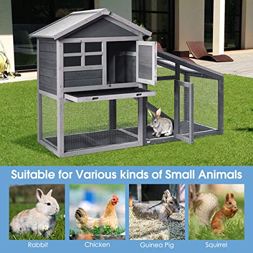 Tangkula Rabbit Hutch Indoor Outdoor, Wooden Chicken Coop, Bunny Hutch with Run, Ventilation Door, Removable Tray, Ramp, Sunlight Panel, Backyard Garden Animals Pet Cage (Gray)