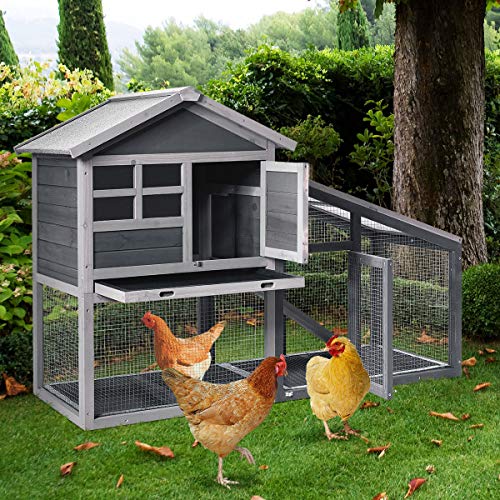 Tangkula Rabbit Hutch Indoor Outdoor, Wooden Chicken Coop, Bunny Hutch with Run, Ventilation Door, Removable Tray, Ramp, Sunlight Panel, Backyard Garden Animals Pet Cage (Gray)