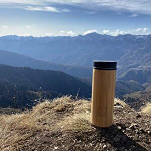 Santai Living Click Open Vacuum Insulated Travel Mug - Bamboo & Double Walled Stainless Steel Thermo Flask 14oz/400ml