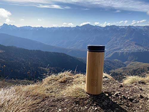 Santai Living Click Open Vacuum Insulated Travel Mug - Bamboo & Double Walled Stainless Steel Thermo Flask 14oz/400ml