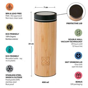 Santai Living Click Open Vacuum Insulated Travel Mug - Bamboo & Double Walled Stainless Steel Thermo Flask 14oz/400ml