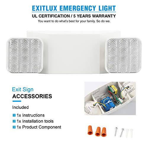 EXITLUX 1 Pack LED Emergency Lighting Fixture with 2 LED Heads-Hardwired Adjustable White Commercial Emergency Lights with Battery Backup for Power Failure