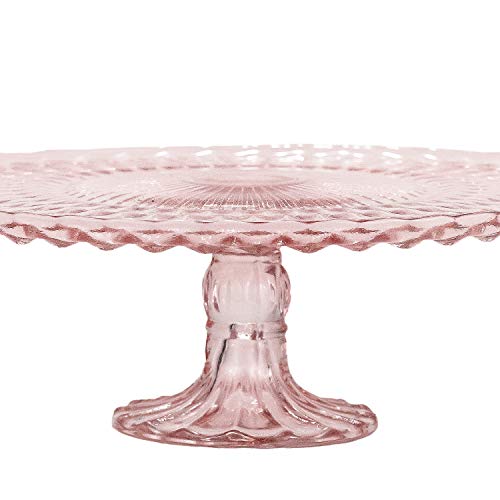 Amici Home Rochester Footed Glass Cake Stand | Round Vintage Style Cake Plate | Serving Platter for Cupcakes, Cookies, Birthday Cake | Dessert Display Stand for Parties, Weddings, and Gift (Pink)