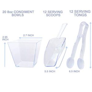 The Gourmet Goose 20 Dessert Cups & Candy Containers, 12 Plastic kitchen Scoops, 12 Tongs, Plastic Cups for Party, Appetizer Cups, Reusable Ice Cream Bar Accessories for Parties, Buffets