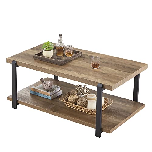 FOLUBAN Industrial Coffee Table with Shelf, Wood and Metal Rustic Cocktail Table for Living Room, Oak