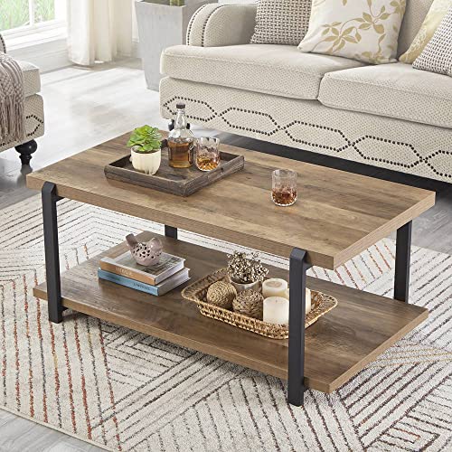 FOLUBAN Industrial Coffee Table with Shelf, Wood and Metal Rustic Cocktail Table for Living Room, Oak