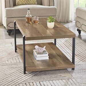 FOLUBAN Industrial Coffee Table with Shelf, Wood and Metal Rustic Cocktail Table for Living Room, Oak