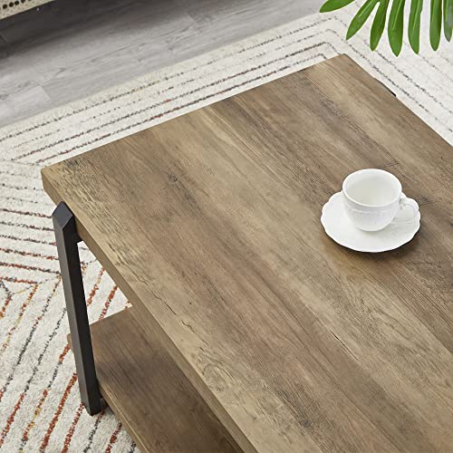 FOLUBAN Industrial Coffee Table with Shelf, Wood and Metal Rustic Cocktail Table for Living Room, Oak