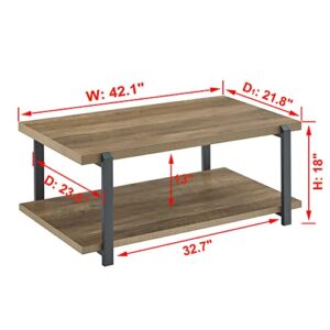 FOLUBAN Industrial Coffee Table with Shelf, Wood and Metal Rustic Cocktail Table for Living Room, Oak