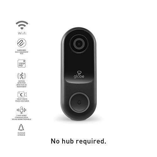 Globe Electric Wi-Fi Smart Video Doorbell, Hardwired, No Hub Required, IP54 Rated, 1080p, Motion Detection, 2-Way Voice, Night Vision, Black