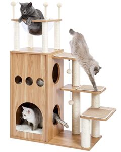 made4pets modern cat tree for large cat, wood cat tower heavy duty with scratch post for indoor big cats, 51" extra tall cat condo sturdy frisco castle with clear bowl for kittens maine coon 20lbs