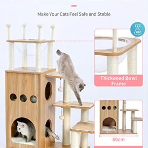 Made4Pets Modern Cat Tree for Large Cat, Wood Cat Tower Heavy Duty with Scratch Post for Indoor Big Cats, 51" Extra Tall Cat Condo Sturdy Frisco Castle with Clear Bowl for Kittens Maine Coon 20Lbs