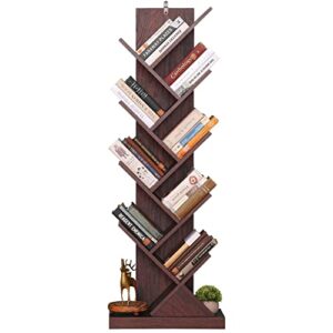 tree bookshelf, 9 shelf floor standing tree bookcase with wall anchor, retro vertical bookshelves for living room bedroom office, book organizer tower shelf rack stand for books, cds, magazines