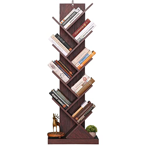 Tree Bookshelf, 9 Shelf Floor Standing Tree Bookcase with Wall Anchor, Retro Vertical Bookshelves for Living Room Bedroom Office, Book Organizer Tower Shelf Rack Stand for Books, CDs, Magazines