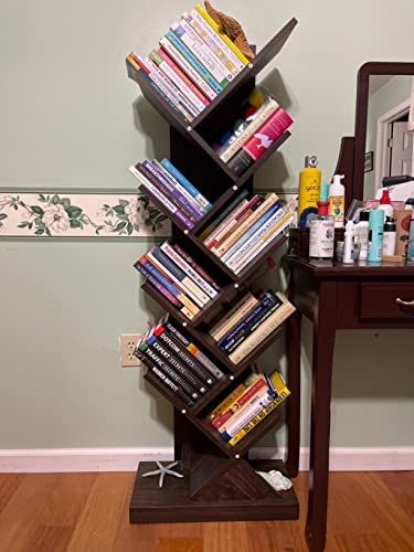 Tree Bookshelf, 9 Shelf Floor Standing Tree Bookcase with Wall Anchor, Retro Vertical Bookshelves for Living Room Bedroom Office, Book Organizer Tower Shelf Rack Stand for Books, CDs, Magazines