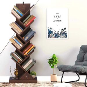 Tree Bookshelf, 9 Shelf Floor Standing Tree Bookcase with Wall Anchor, Retro Vertical Bookshelves for Living Room Bedroom Office, Book Organizer Tower Shelf Rack Stand for Books, CDs, Magazines