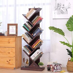 Tree Bookshelf, 9 Shelf Floor Standing Tree Bookcase with Wall Anchor, Retro Vertical Bookshelves for Living Room Bedroom Office, Book Organizer Tower Shelf Rack Stand for Books, CDs, Magazines