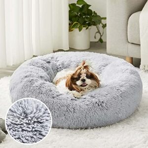 Western Home Faux Fur Dog Bed & Cat Bed, Original Calming Dog Bed for Small Medium Large Pets, Anti Anxiety Donut Cuddler Round Warm Washable Cat Bed for Indoor Cats(20", Light Grey)