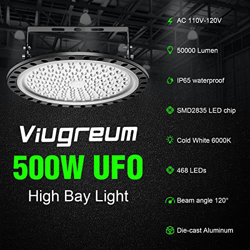 Viugreum 5 Pack 500W UFO LED High Bay Light, 50000LM 6500K Daylight White LED Warehouse Lighting, IP65 Waterproof Commercial Bay Lighting for Garage Barn Workshop Wet Location