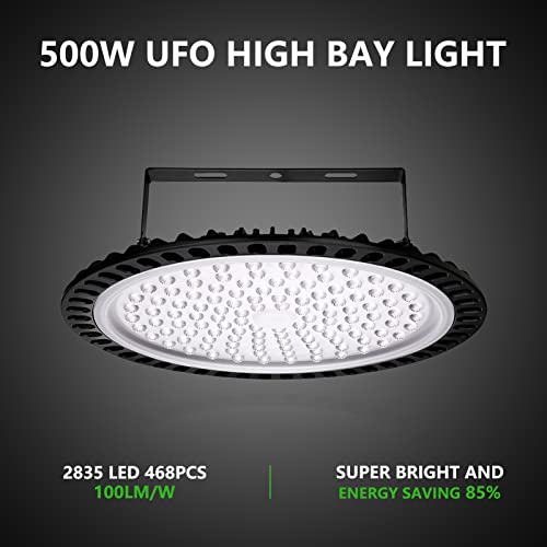 Viugreum 5 Pack 500W UFO LED High Bay Light, 50000LM 6500K Daylight White LED Warehouse Lighting, IP65 Waterproof Commercial Bay Lighting for Garage Barn Workshop Wet Location