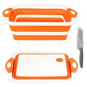 rottogoon collapsible cutting board, foldable chopping board with colander, multifunctional kitchen vegetable washing basket silicone dish tub for bbq prep/picnic/camping(orange)