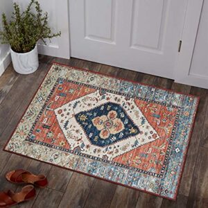 lahome collection traditional area rug - 2' x 3' non-slip distressed vintage persian oriental area rug small accent throw low pile rugs floor carpet for door mat entryway bedrooms decor