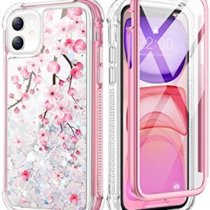 Caka Case for iPhone 11 Glitter Case Flower Bling Liquid Protective Full Body Heavy Duty with Built in Screen Protector Love Glitter Pink Blossom for Women Girl Case for iPhone 11 (6.1 inch)(Cherry)