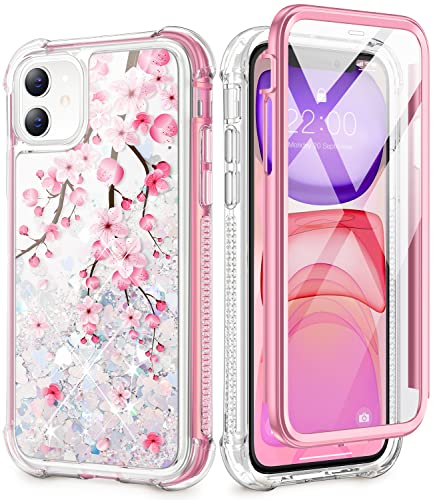 Caka Case for iPhone 11 Glitter Case Flower Bling Liquid Protective Full Body Heavy Duty with Built in Screen Protector Love Glitter Pink Blossom for Women Girl Case for iPhone 11 (6.1 inch)(Cherry)