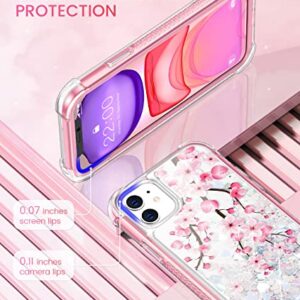 Caka Case for iPhone 11 Glitter Case Flower Bling Liquid Protective Full Body Heavy Duty with Built in Screen Protector Love Glitter Pink Blossom for Women Girl Case for iPhone 11 (6.1 inch)(Cherry)